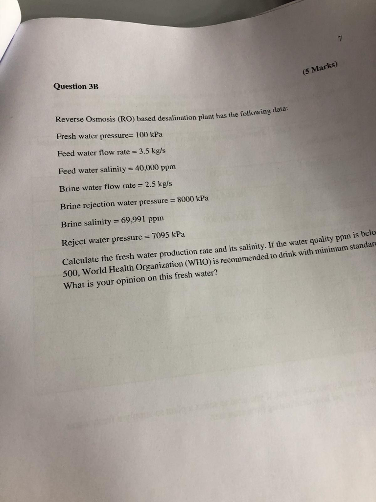Question 3B (5 Marks) Reverse Osmosis (RO) based | Chegg.com