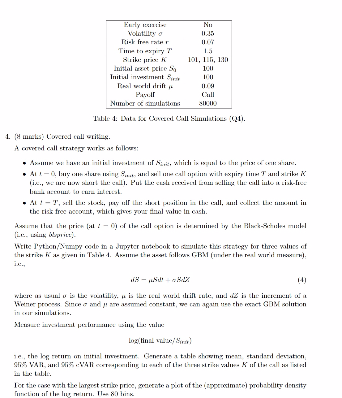 Solved Table 4: Data for Covered Call Simulations (Q4).(8 | Chegg.com