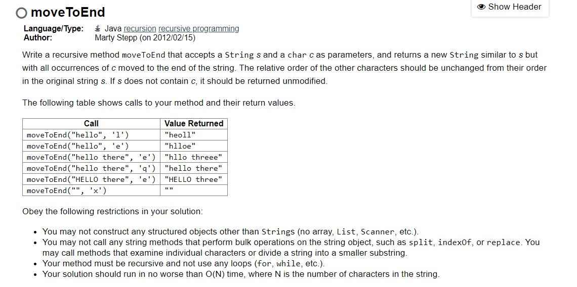 Solved moveToEnd Language/Type: Author: Marty Stepp (on | Chegg.com