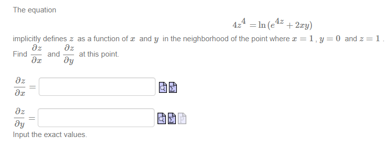 Solved The equation 424 = In(e42 + 2zy) implicitly defines z | Chegg.com