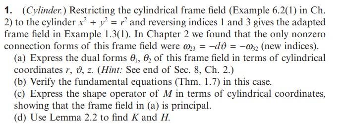Solved 1. (Cylinder.) Restricting the cylindrical frame | Chegg.com