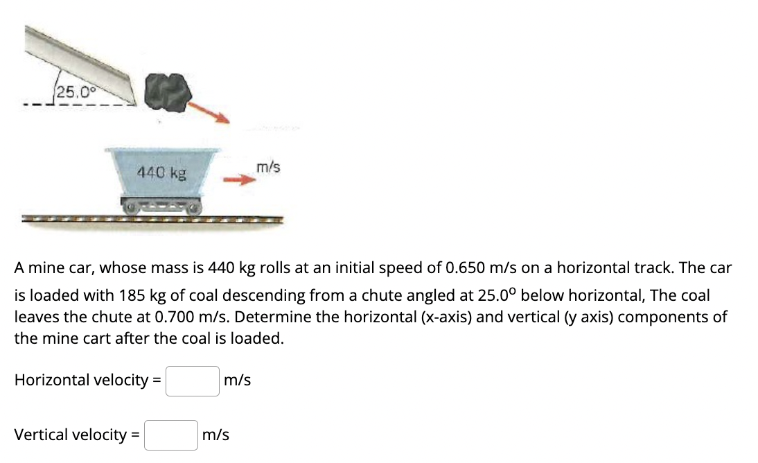 Solved A mine car, whose mass is 440 kg rolls at an initial | Chegg.com