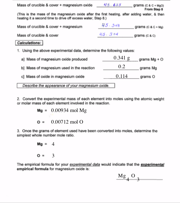 Solved Mass of crucible & cover + magnesium oxide 45.655 | Chegg.com