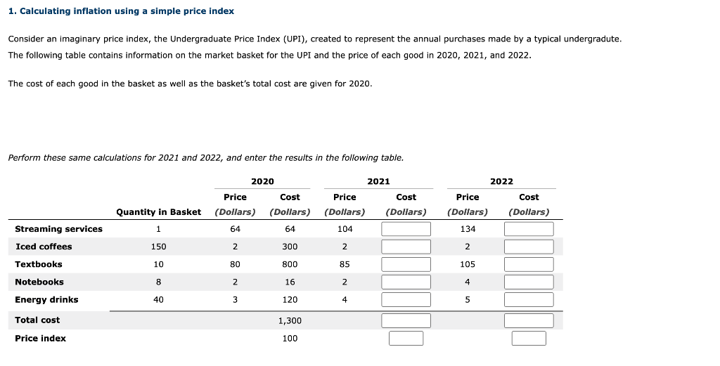 Solved 1. Calculating inflation using a simple price index | Chegg.com