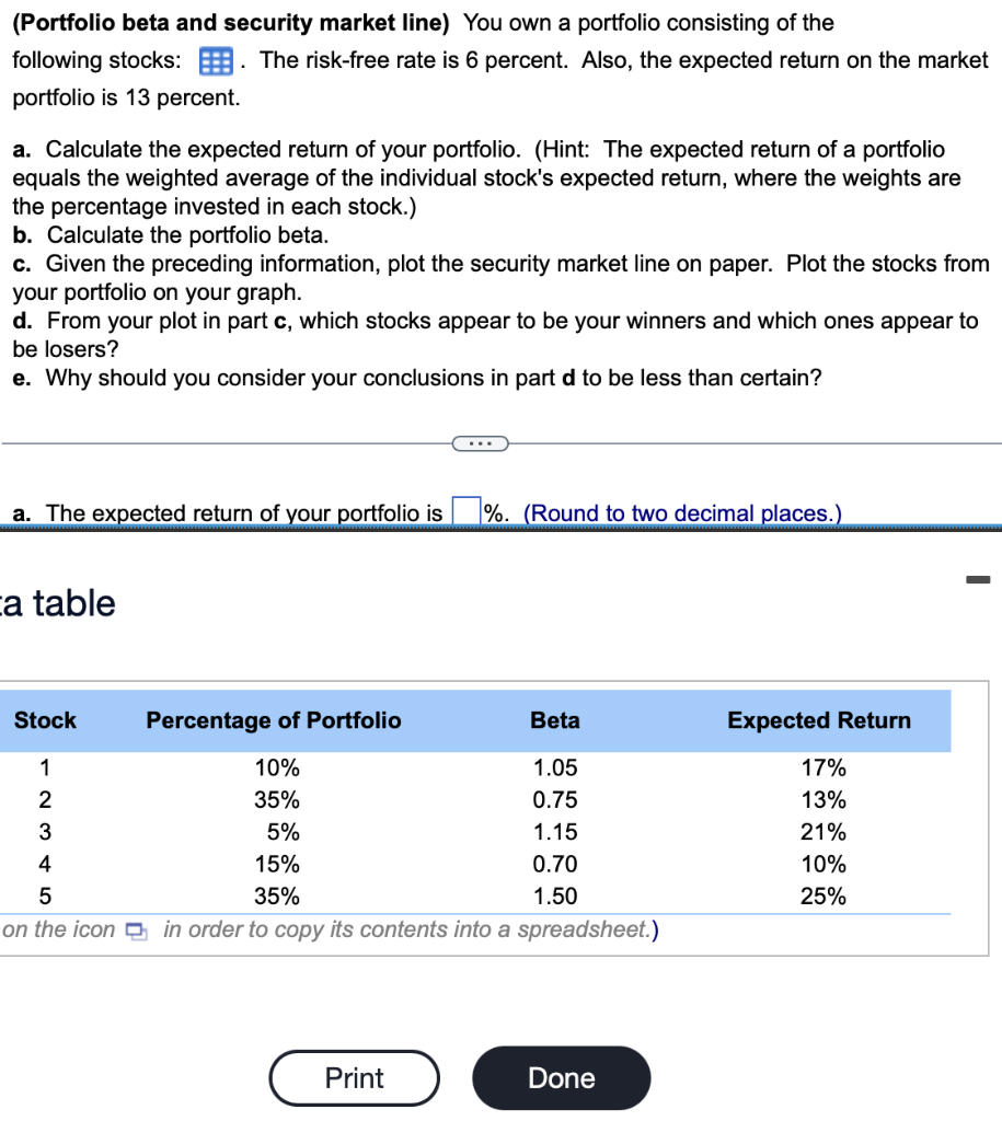 Solved (Portfolio beta and security market line) You own a | Chegg.com