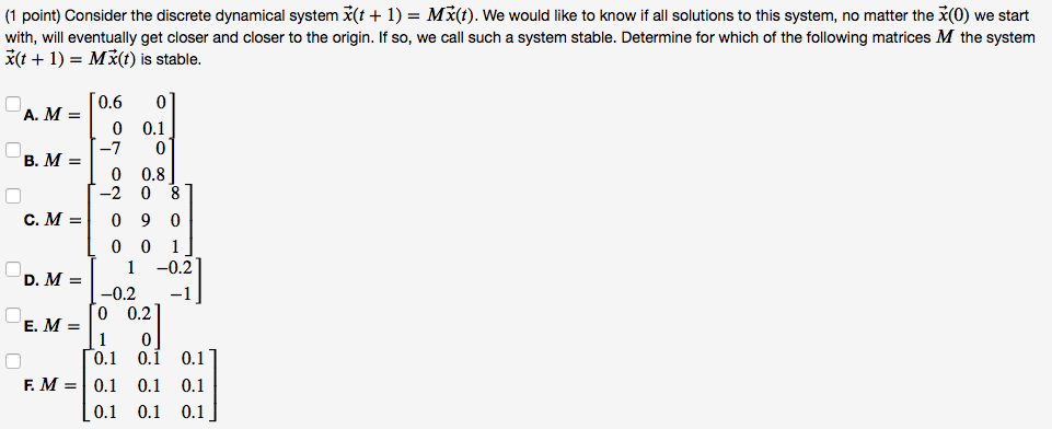 Solved (1 point) Consider the discrete dynamical system x(t | Chegg.com