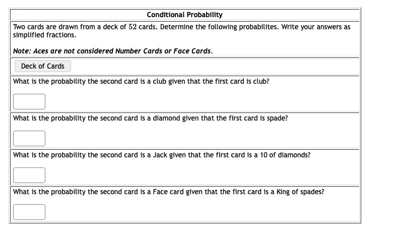 Solved Conditional Probability Two cards are drawn from a | Chegg.com