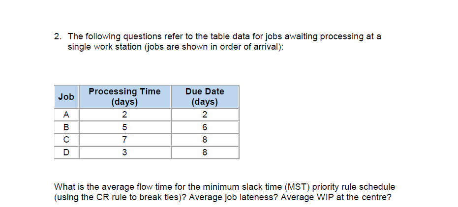 Solved 2. The following questions refer to the table data | Chegg.com