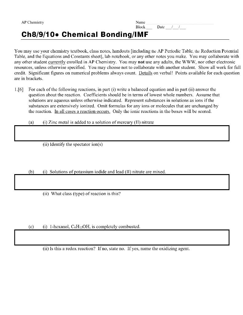 Solved AP Chemistry Name Block Date Ch8/9/10. Chemical | Chegg.com