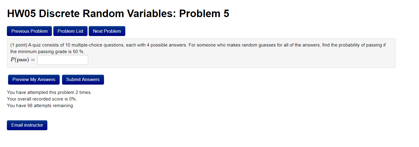 Solved HW05 Discrete Random Variables: Problem 5 Previous | Chegg.com