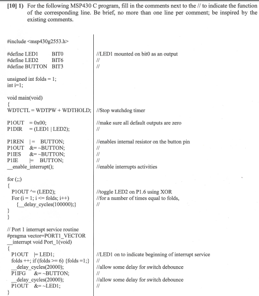 Solved 10] 1) For the following MSP430 C program, fill in | Chegg.com