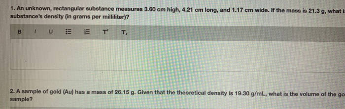 Solved 1. An unknown, rectangular substance measures 3.60 cm | Chegg.com