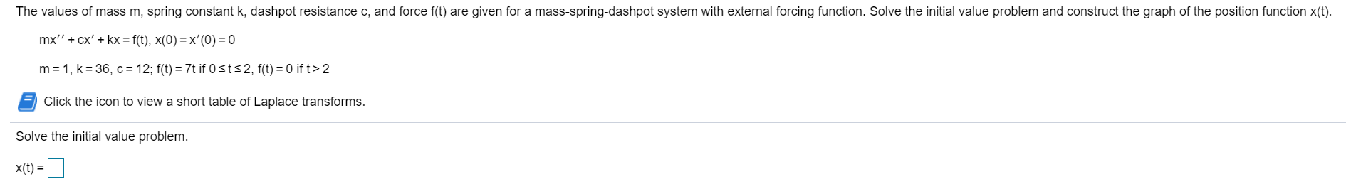 Solved The values of mass m, spring constant k, dashpot | Chegg.com