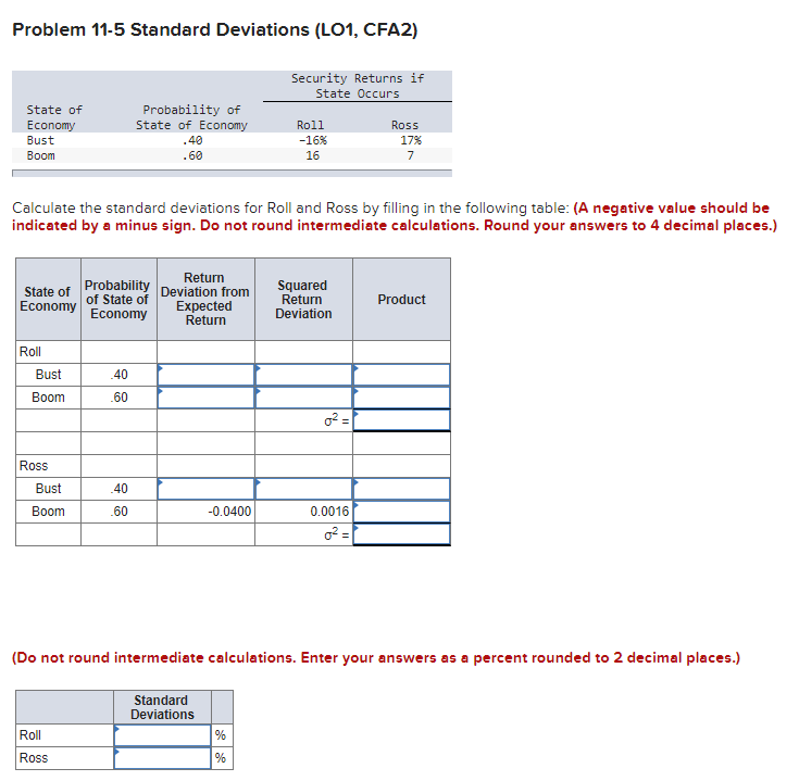 Solved Problem 11-5 Standard Deviations (L01, CFA2) Security | Chegg.com