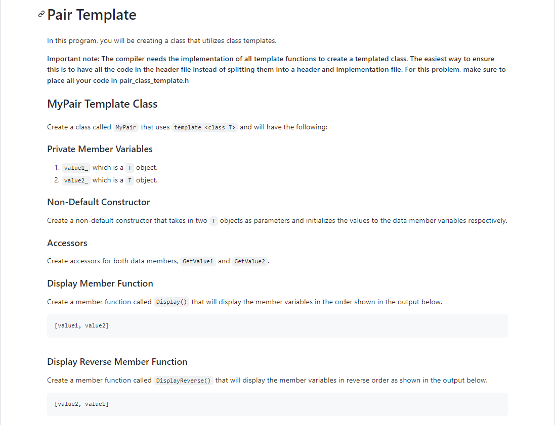 Solved @ Pair Template In this program, you will be creating | Chegg.com