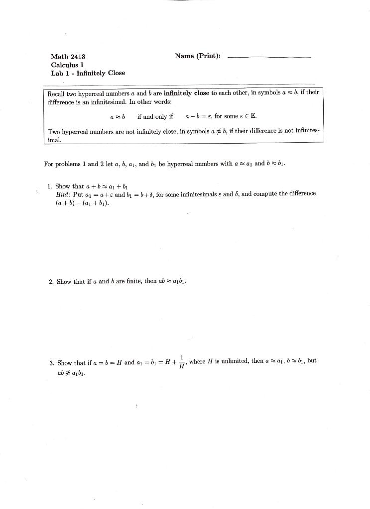 Name (Print): Math 2413 Calculus I Lab 1 - Infinitely | Chegg.com