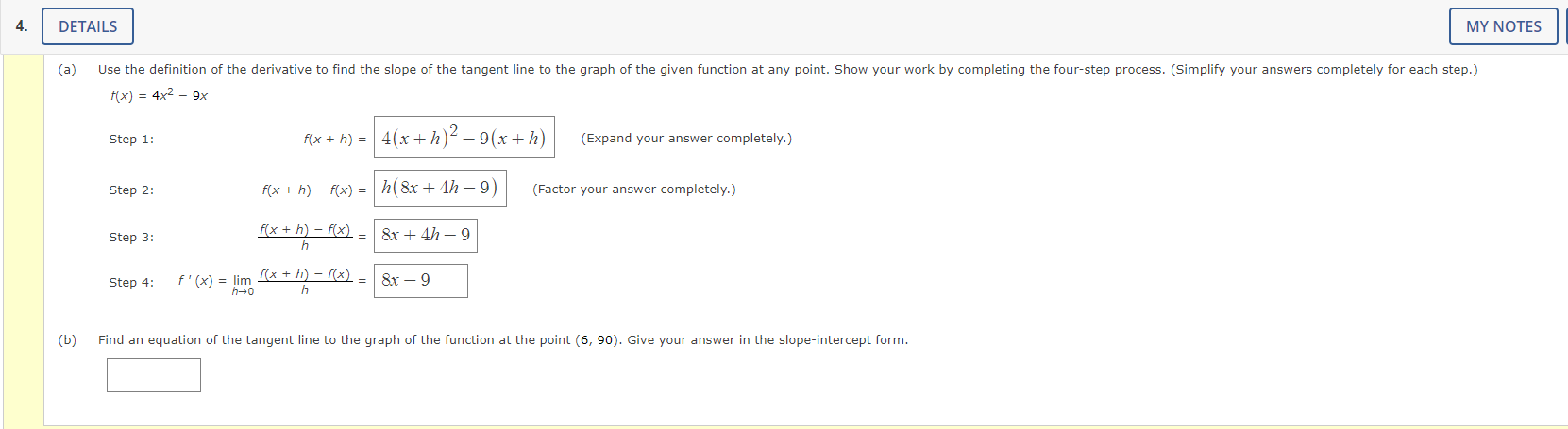 Solved f(x)=4x2−9x Step 1: f(x+h)=4(x+h)2−9(x+h) (Expand | Chegg.com