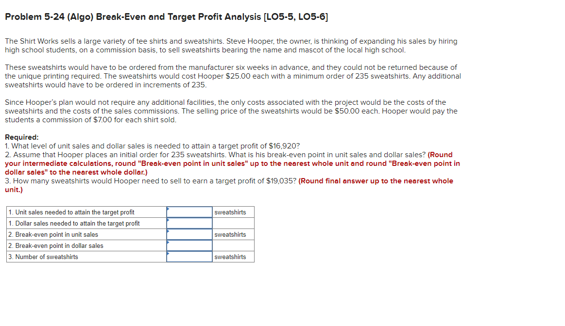 Solved Problem 5-24 (Algo) ﻿Break-Even and Target Profit | Chegg.com