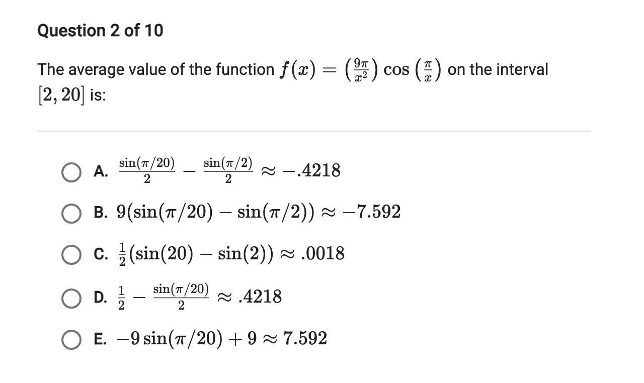 Question 2 ﻿of 10The average value of the function | Chegg.com