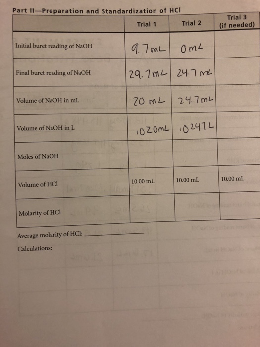 Solved Part II-Preparation and Standardization of HCI Trial | Chegg.com