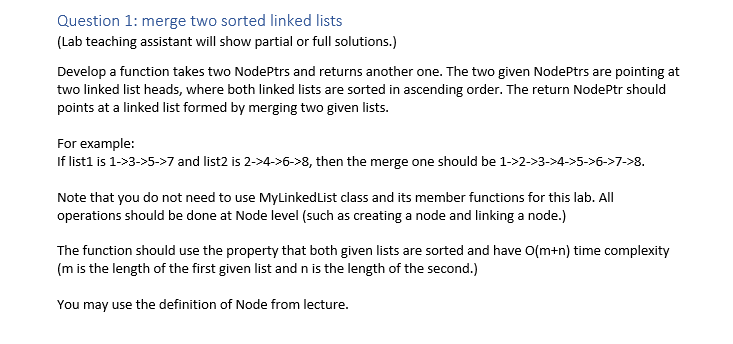 Solved Question 1: merge two sorted linked lists (Lab | Chegg.com