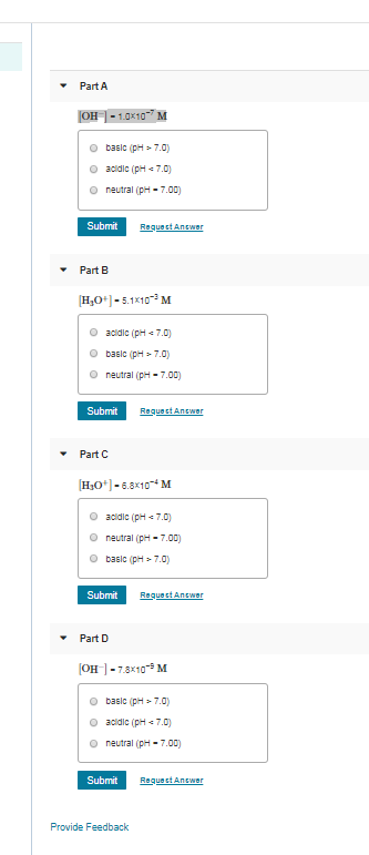 Solved Part A OH - 1.0X10-7M baslc (pH > 7.0) acidic (pH | Chegg.com