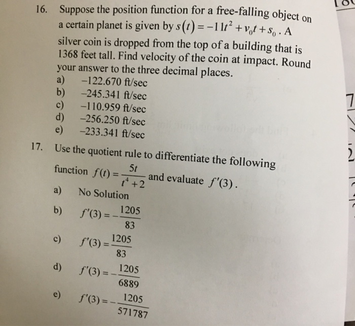 Solved 16. Suppose the position function for a free-falling | Chegg.com