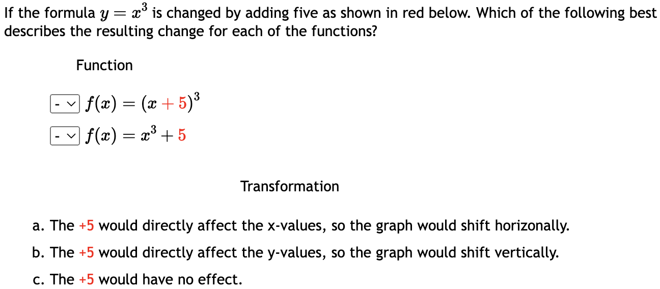 Solved If the formula y=x3 is changed by adding five as | Chegg.com