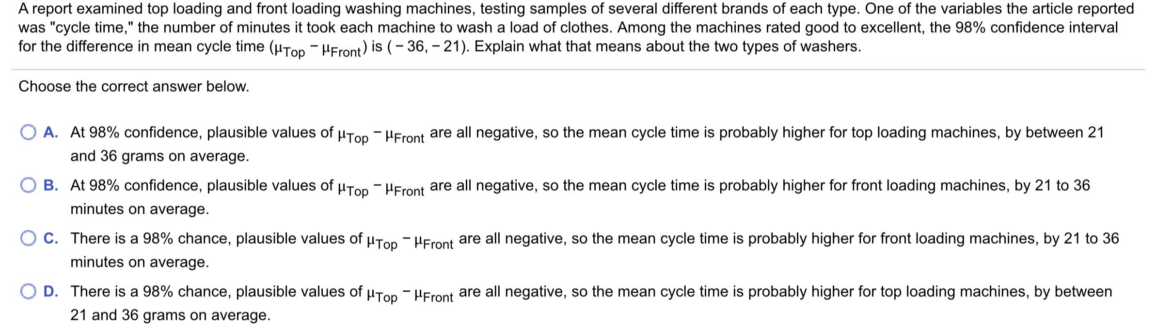 Solved A report examined top loading and front loading | Chegg.com
