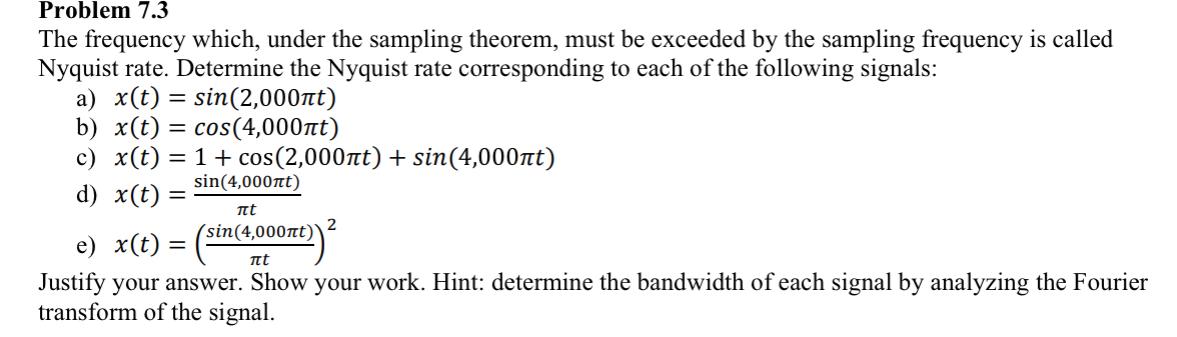 Solved Problem 7.3 The frequency which, under the sampling | Chegg.com