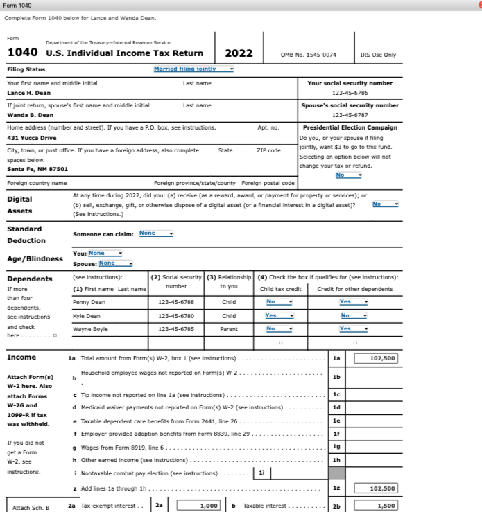 Form 1040 Complete Form 1040 below for Lance and | Chegg.com