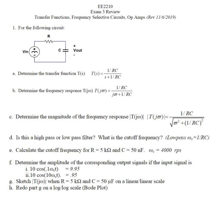 EE2210 Exam 3 Review Transfer Functions, Frequency | Chegg.com