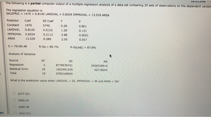 Solved CALCULATOR The following is a partial computer output | Chegg.com