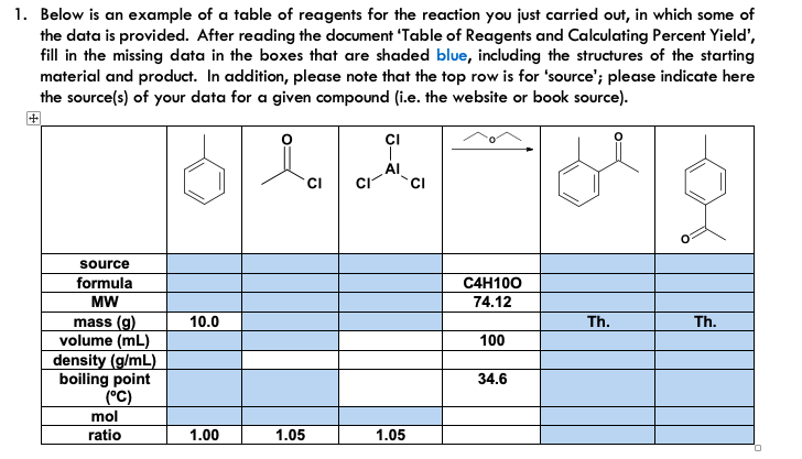 Solved 1. Below is an example of a table of reagents for the | Chegg.com
