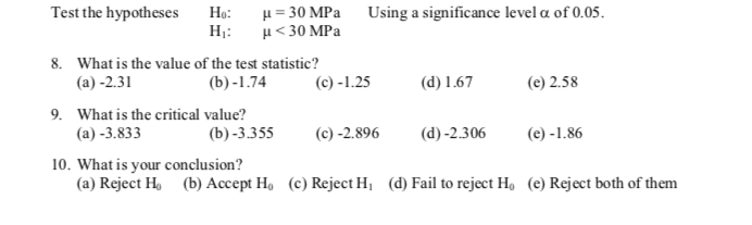 Solved H: Test the hypotheses H: = 30 MPa Using a | Chegg.com