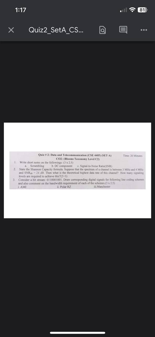 Solved Quiz H 2: Data and Telecommunication (CSE 4405) | Chegg.com