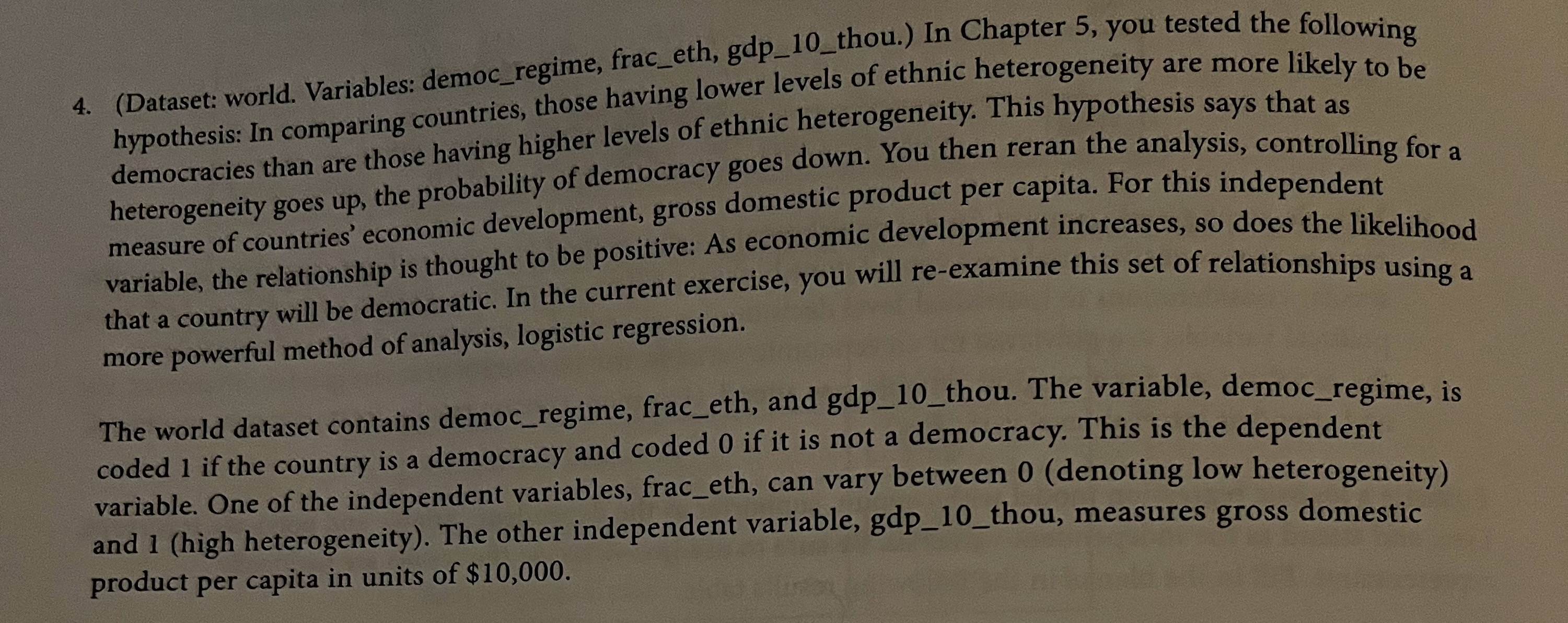 4. (Dataset: world. Variables: democ_regime, | Chegg.com
