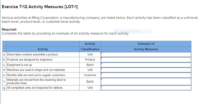 Solved Exercise 7-12 Activity Measures [LO7-1] Various | Chegg.com