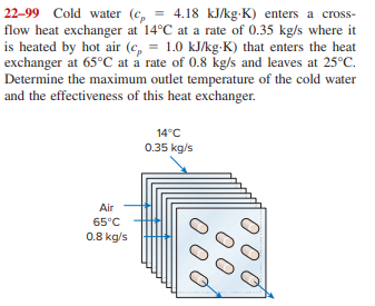 Solved 22-99 Cold water (cp=4.18 kJ/kg⋅K) enters a crossflow | Chegg.com
