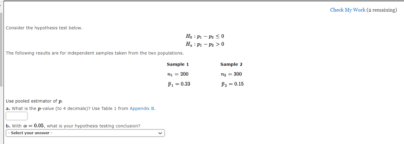 Solved Check My Work (2 remaining) Consider the hypothesis | Chegg.com