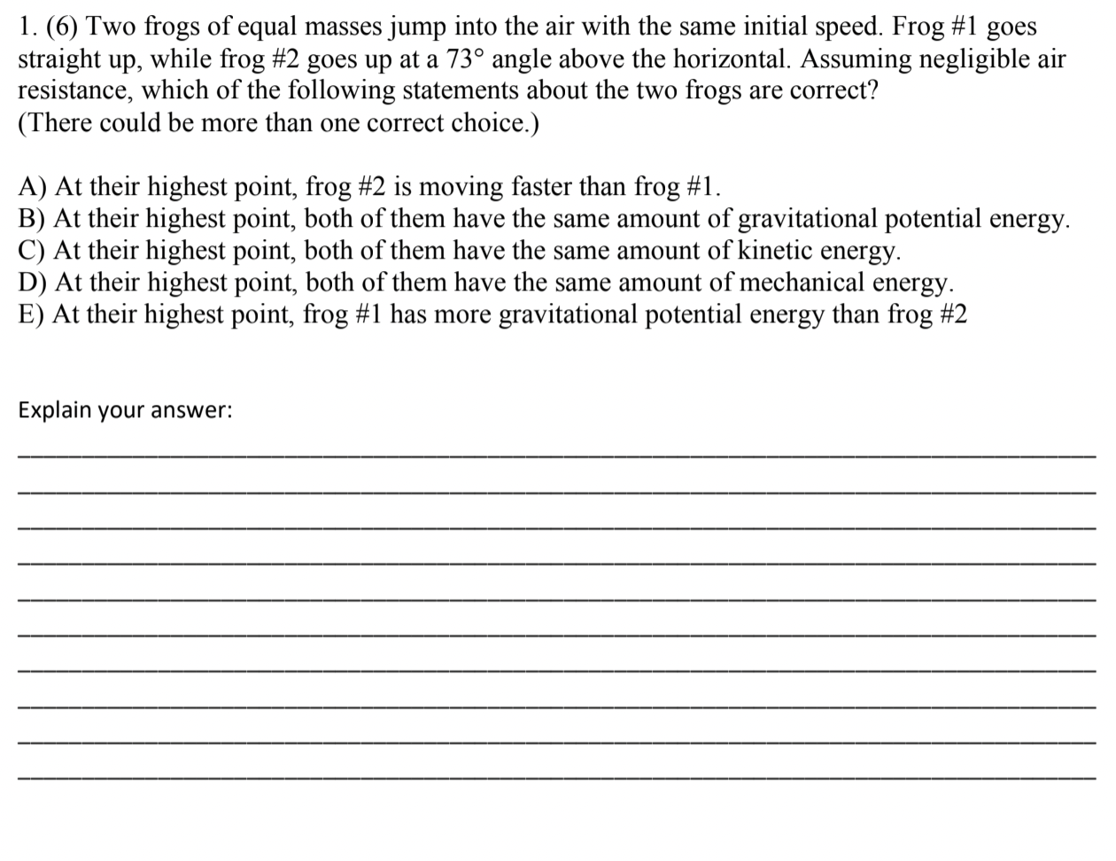 Solved 1. (6) Two frogs of equal masses jump into the air | Chegg.com