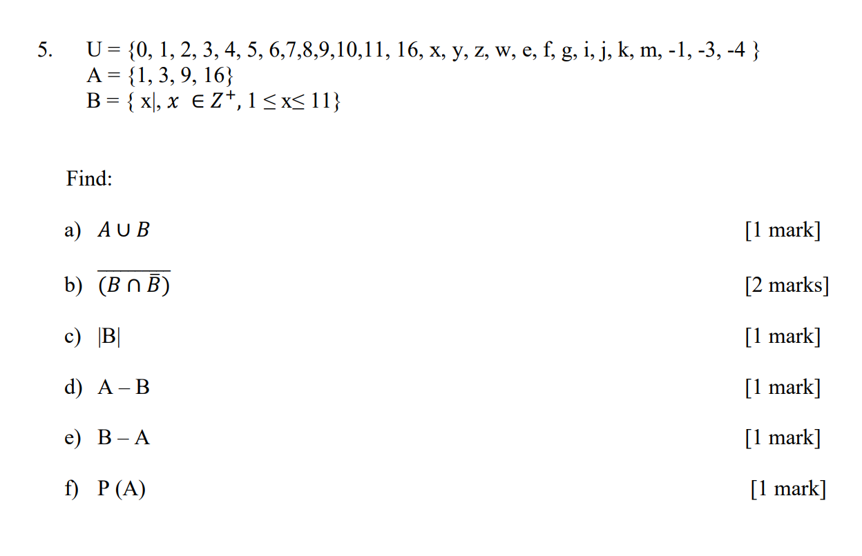 Solved 5. U={0,1,2,3,4,5,6,7,8,9,10,11,16,x,y,z,w, e, f , g, | Chegg.com