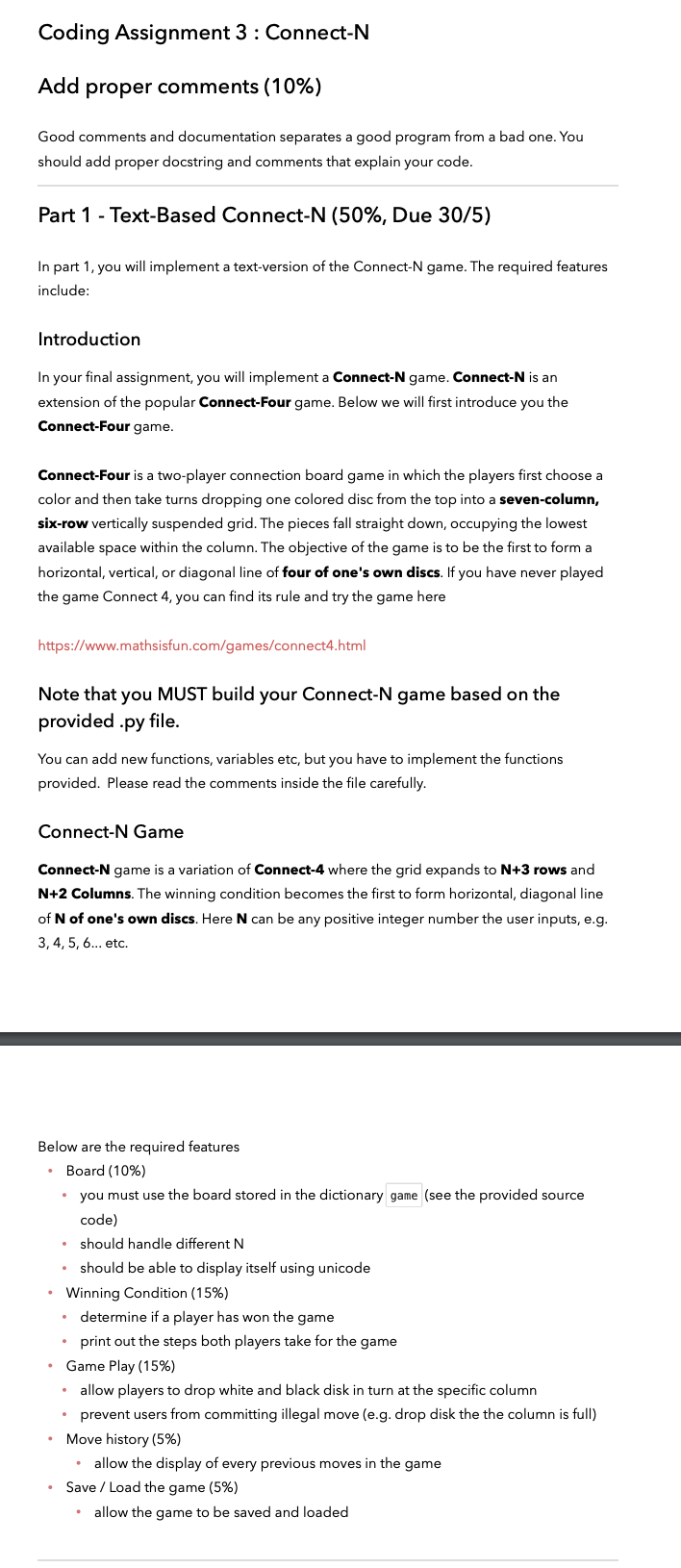 Coding Assignment 3 : Connect-N Add proper comments | Chegg.com