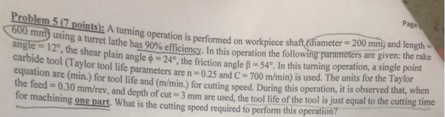 Solved Problem 5(7 points): A turning operation is performed | Chegg.com