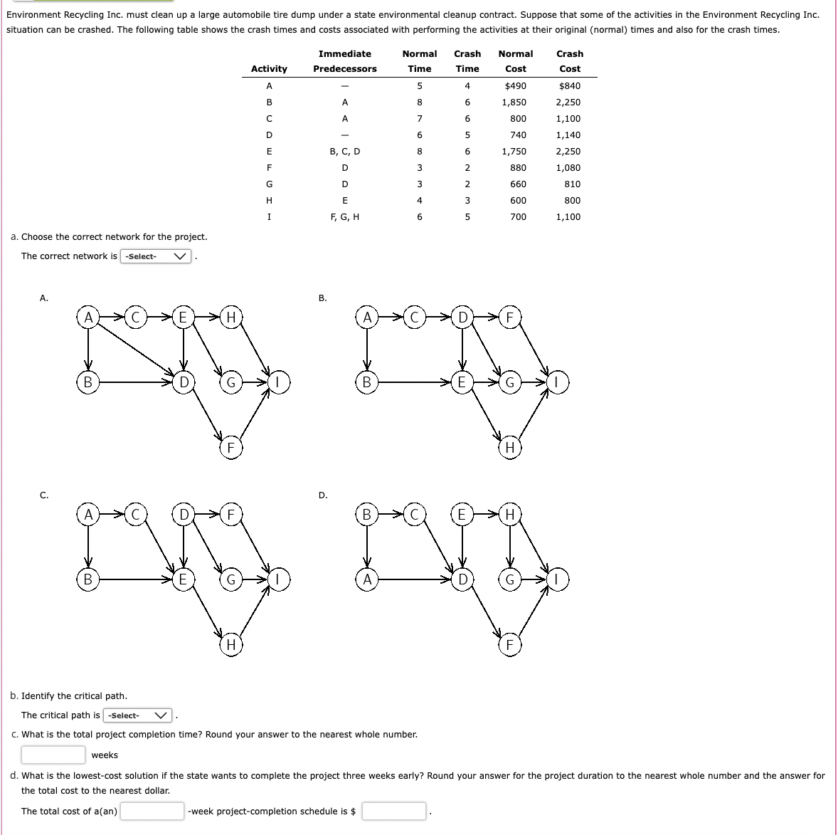Solved a. Choose the correct network for the project. The | Chegg.com