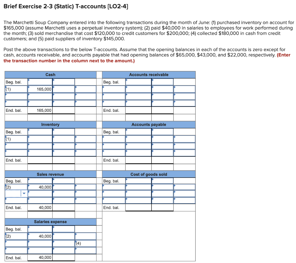 Solved Brief Exercise 2-3 (Static) T-accounts [LO2-4] The | Chegg.com