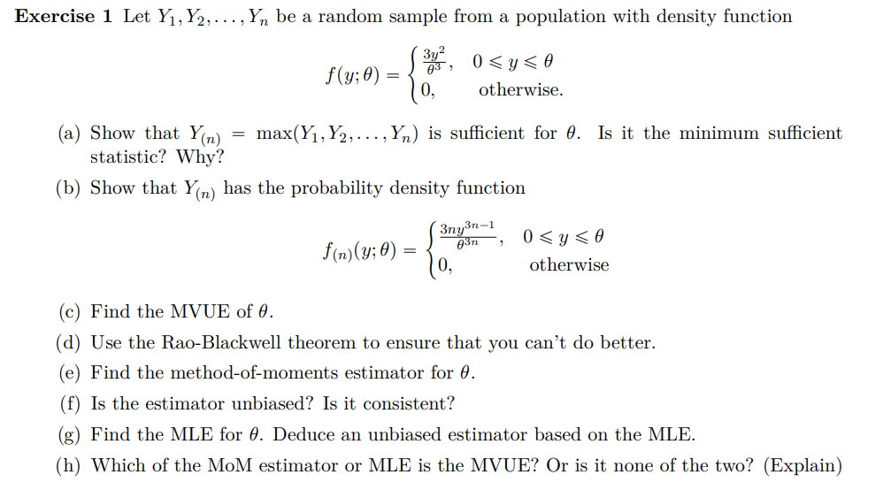 Solved Exercise 1 Let Y1,Y2,…,Yn be a random sample from a | Chegg.com
