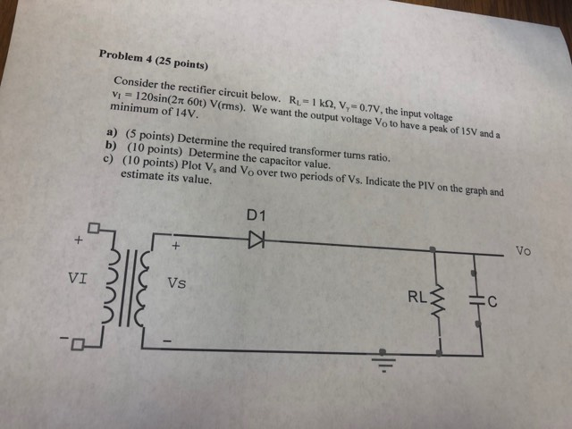 Solved Problem 4 (25 points) Consider the rectifier circuit | Chegg.com