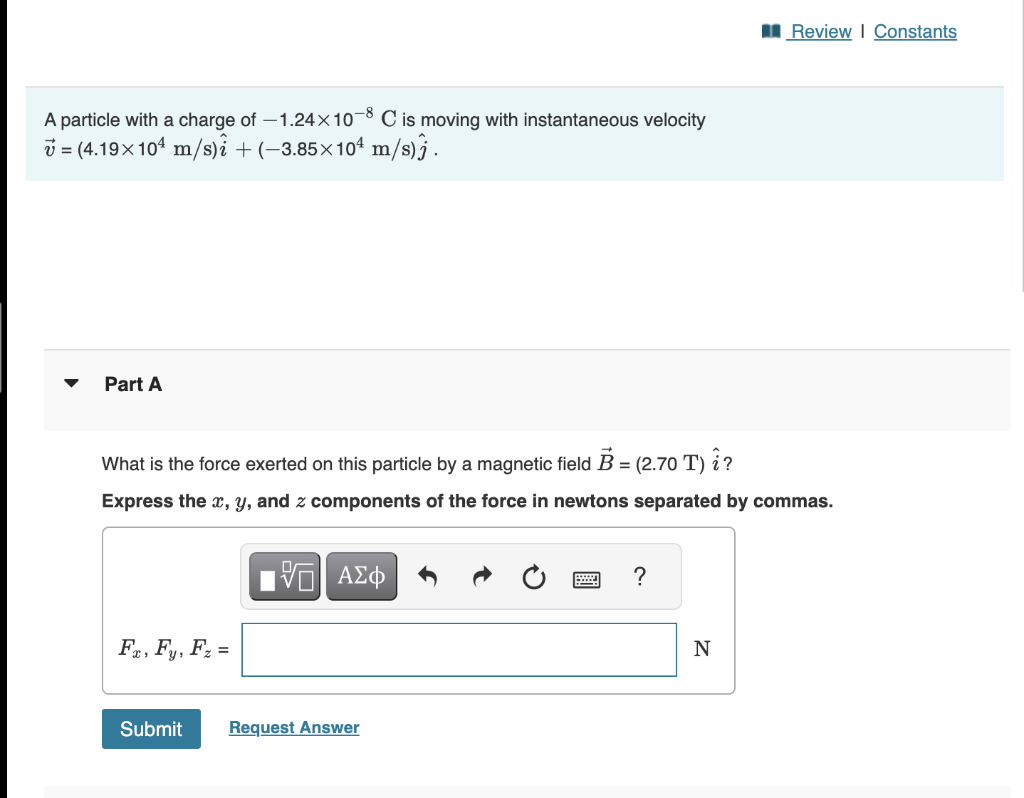 Solved A particle with a charge of −1.24×10−8C is moving | Chegg.com