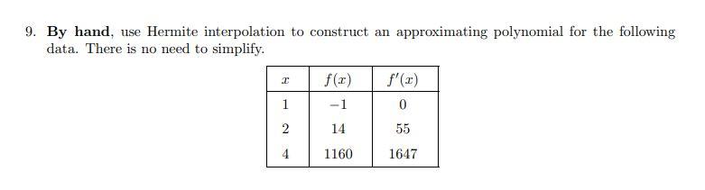 Solved 9. By hand, use Hermite interpolation to construct an | Chegg.com